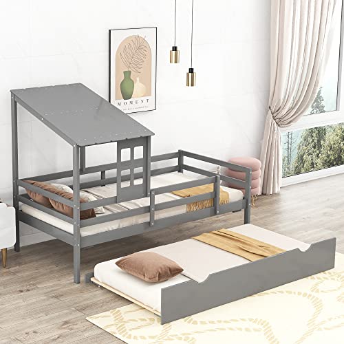 DHHU House Bed with Trundle, Window and Roof, Twin Size Low Loft Bed with Trundle, Wooden Bed Frame for Boy Girl Kids Toddler, Grey