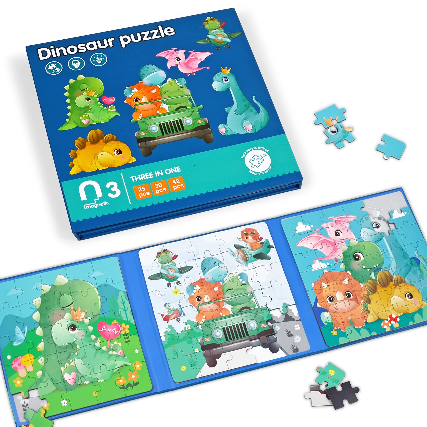 Vileafy Magnetic Puzzles for Kids Ages 4-8, 3 in 1 Wooden Dinosaur Puzzles Book for Boys Girls, Preschool Educational Learning Toys and Travel Games Toys (Dinosaur 25P+30P+42P)