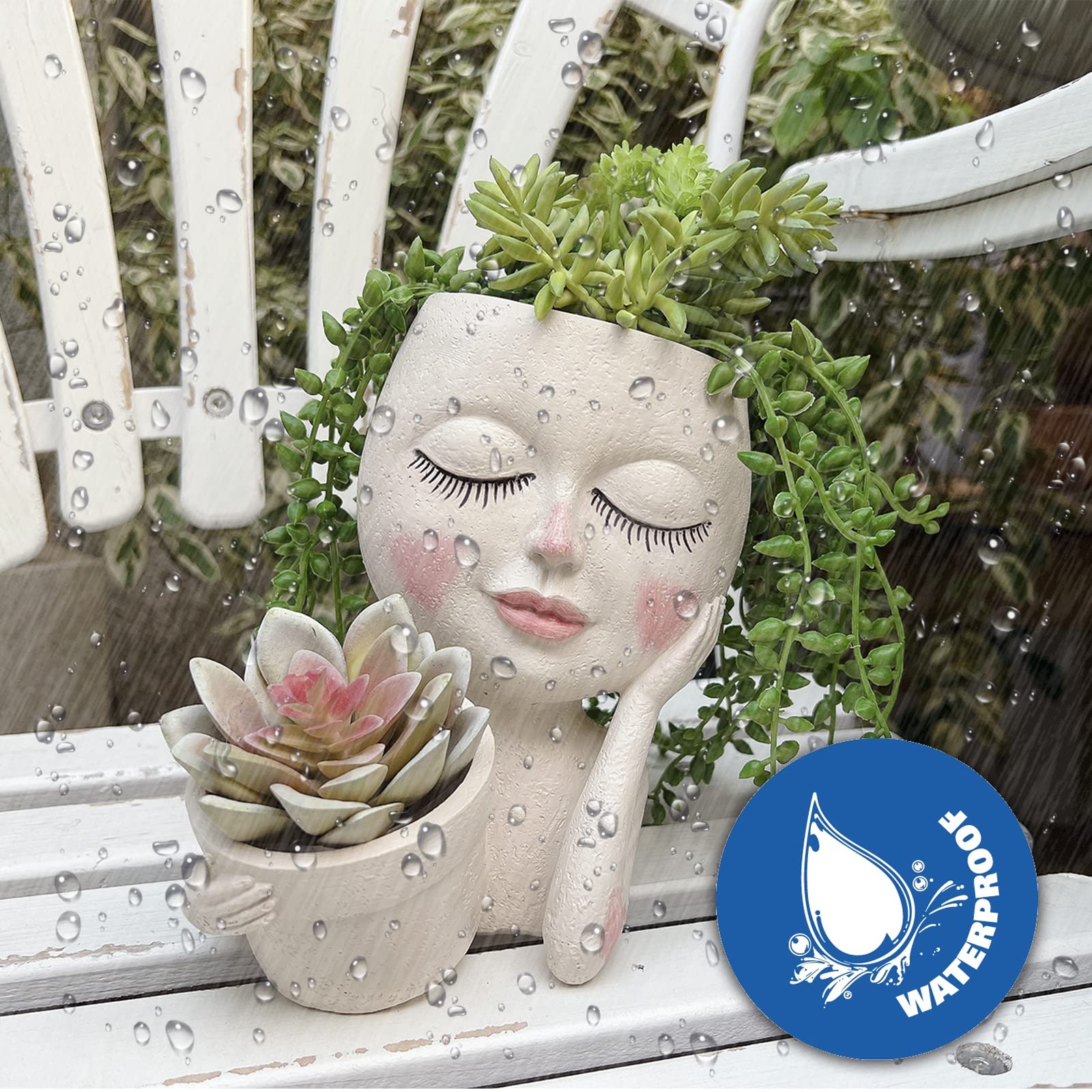 ASDFG Face Plant Pot - Double Flower Pots for Indoor Outdoor Plants Resin Head Planter with Drainage Hole Cute Lady Face Plant Pots, Garden Decoration Planters, Medium