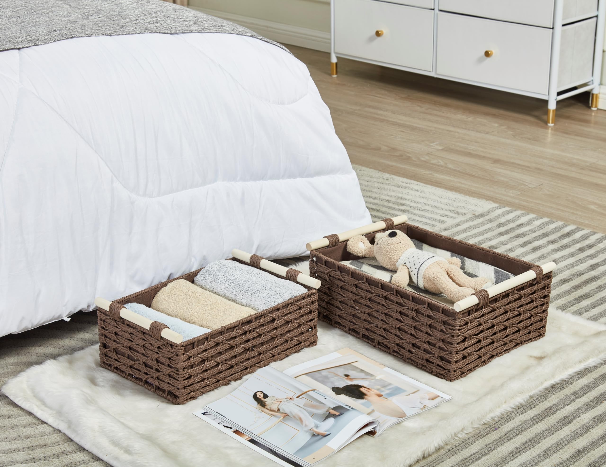 DECOMOMO Wicker Storage Basket, Toilet Paper Basket for Organizing Storage, Paper Rope Baskets with Liner and Wooden Handles for Shelves Cosmetics Books (Brown β 3 Pack)