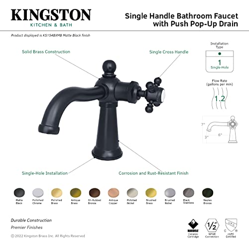 Kingston Brass KS154BXCP Nautical Single-Handle Bathroom Faucet with Push Pop-Up, Polished Chrome