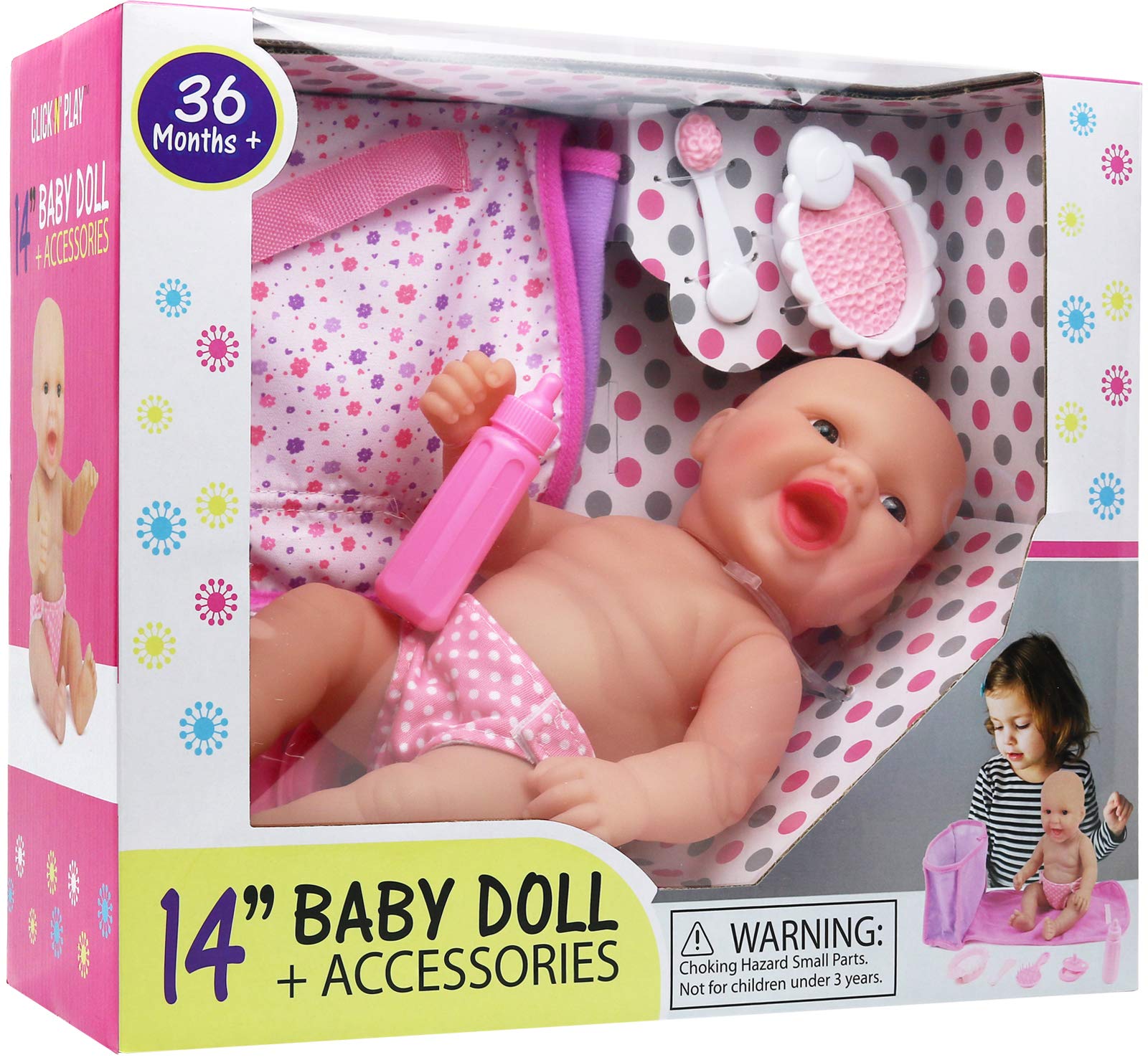 Click N' Play Baby Girl Doll 14” with Caring Accessory Set, Pink