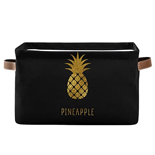 ALAZA Gold Pineapple Black Large Storage Baskets with Handles Foldable Decorative 2 Pack Storage Bins Boxes for Organizing Living Room Shelves Office Closet Clothes