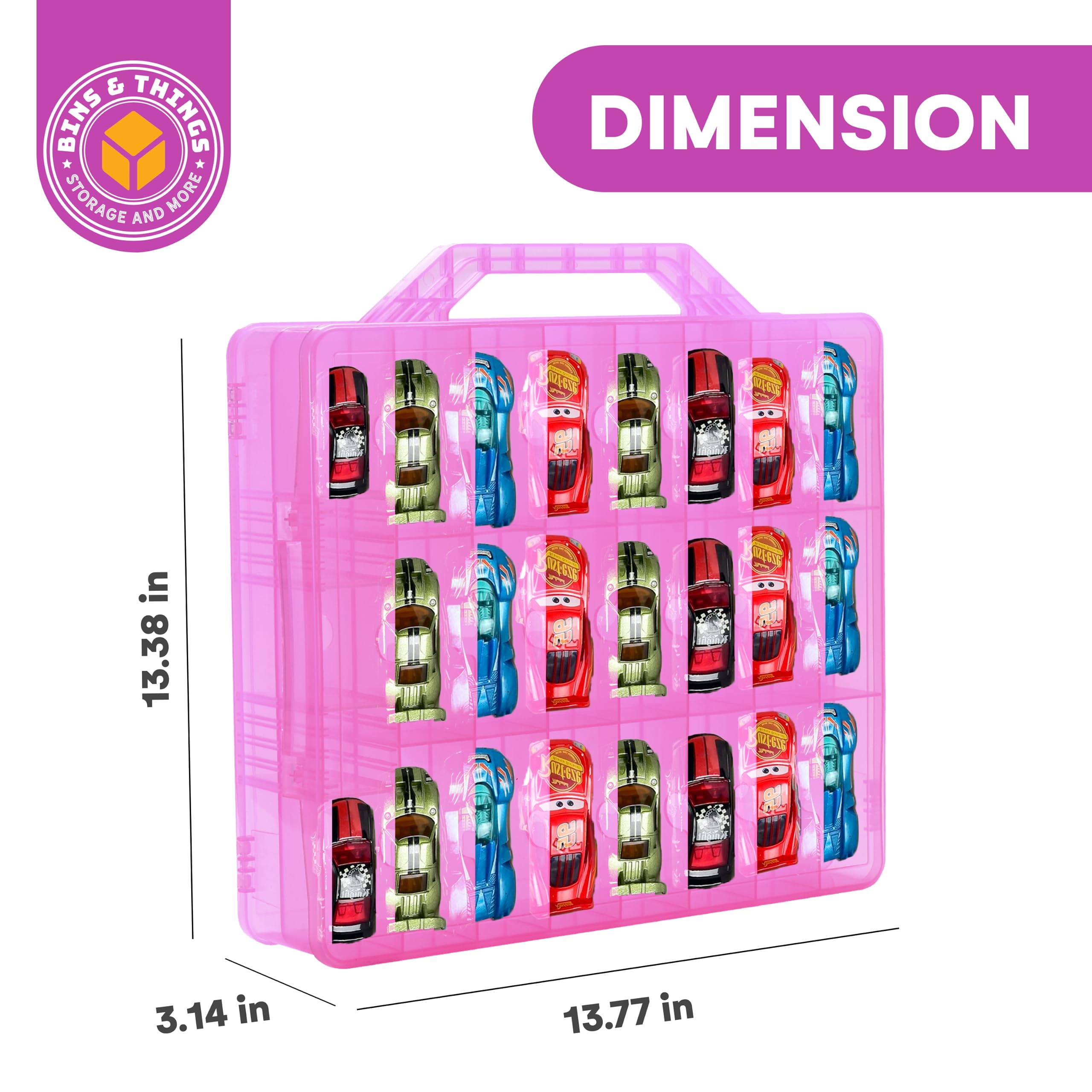 Bins & Things Toy Car Storage Organizer with 48 Compartments - Transparent Portable Car Case Storage Box for Small Items, Craft Supplies, Pills, Earrings - Ideal Organizer for Kids and Adults - Pink