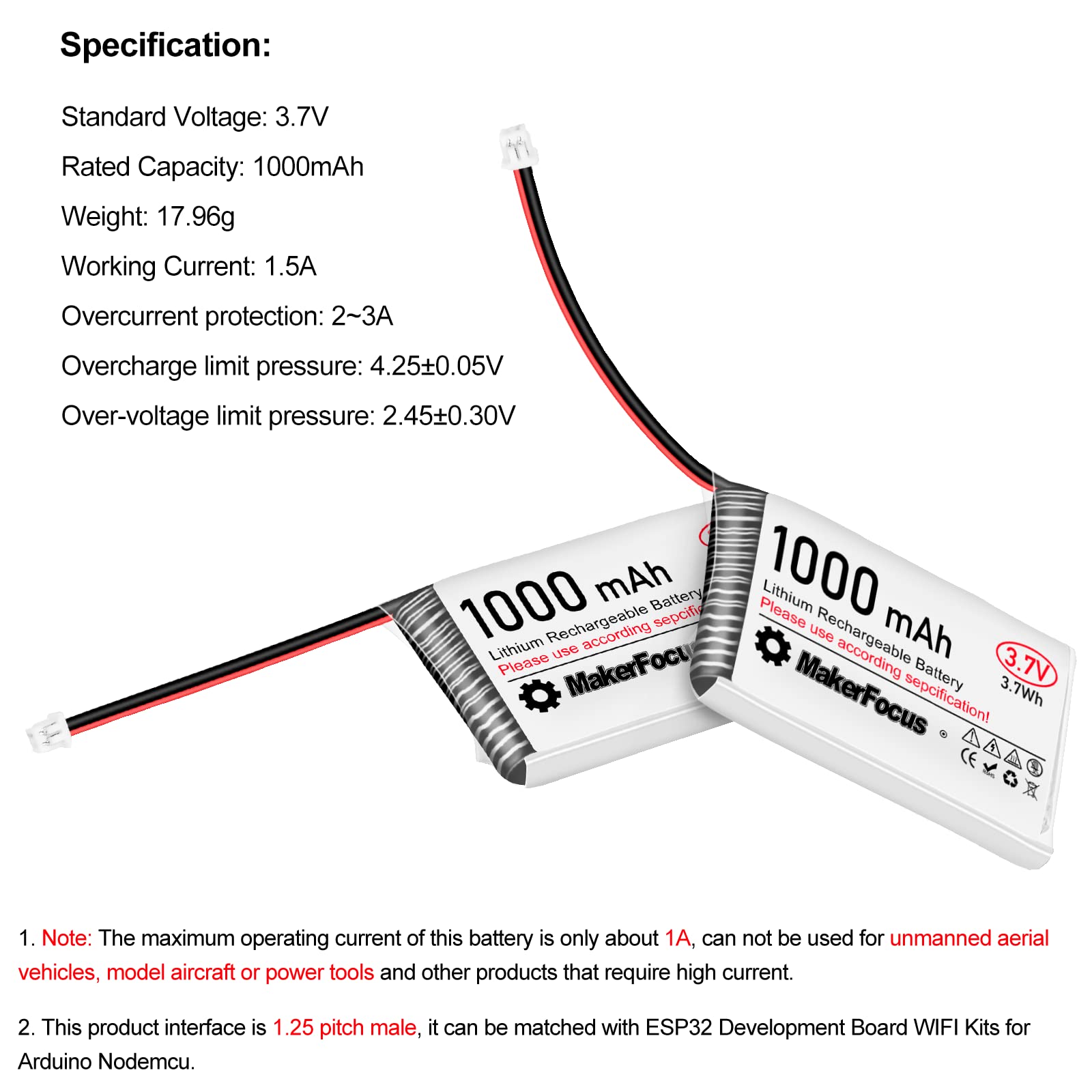 MakerFocus 4pcs 3.7V Lithium Rechargeable Battery JST1.25 Connector 2pin, 952540 3.7V 1000mAh Battery with Protection Board and Insulated Rubber Tape Compatible with ESP32 Development Board