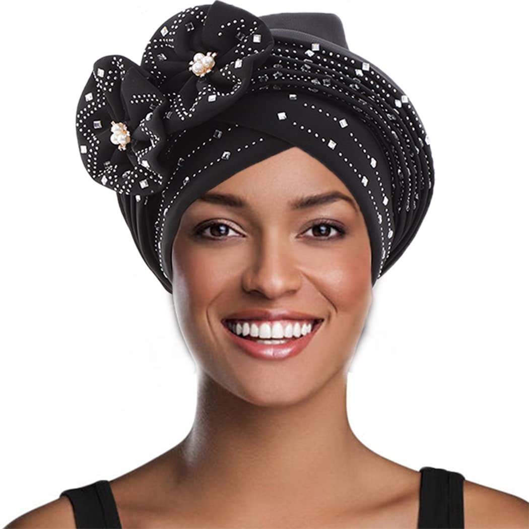 African Flower Turban Black Pre-Tied Headwrap Crystal Bonnet Beanie Cap Headbands for Women