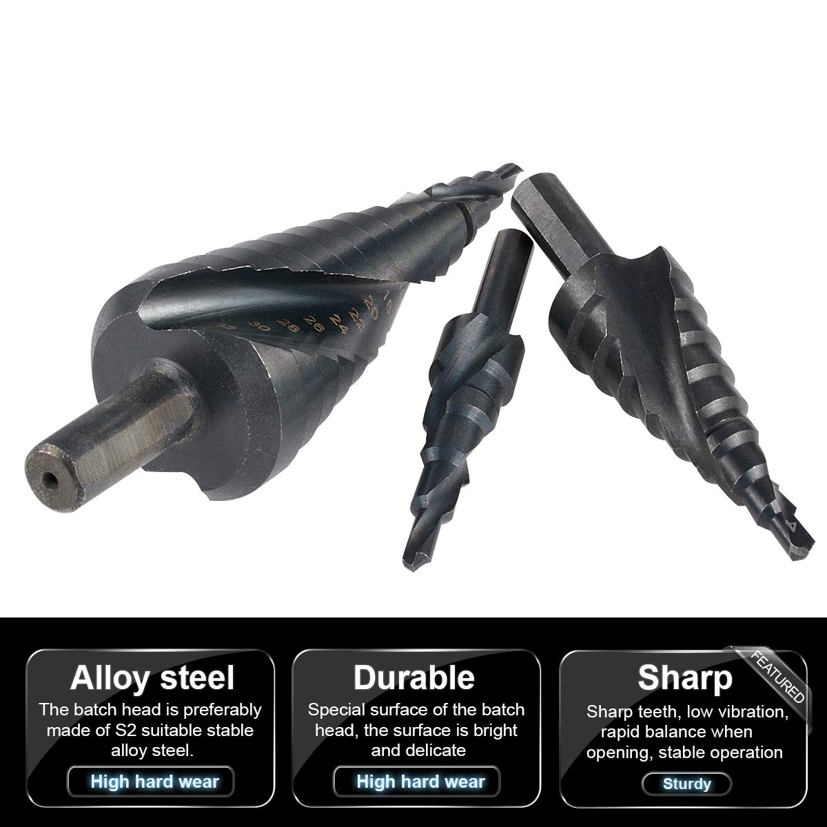 HOHXEN 3 Packs Spiral Step Drill Bit Set with 4-12mm/4-20mm/ 4-32mm, Total 32 Sizes, 1/4" Hex Shank Cone Titanium Coated High Speed Steel, Multi-Functional Industrial DIY Metalworking tools