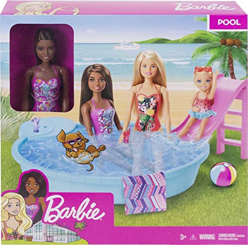 Barbie Doll and Pool Playset with Pink Slide, Beverage Accessories and Towel, Brunette Doll in Floral Swimsuit