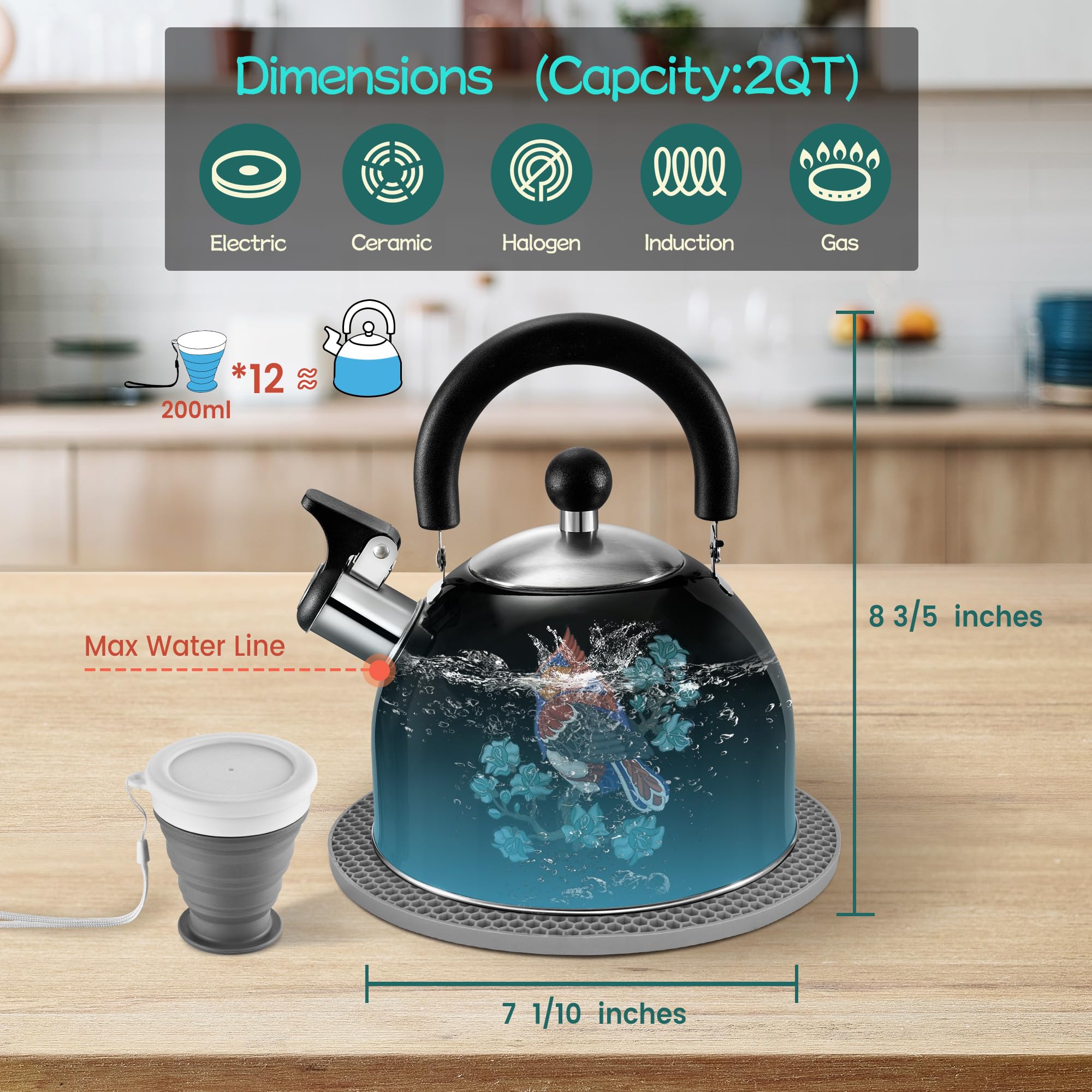 ARC Stainless Steel Whistling Tea Kettle, Magic Color Changing Design 2-Quart Stovetop Kettle Whistle Kettle with Folding Cup & Trivet Mat