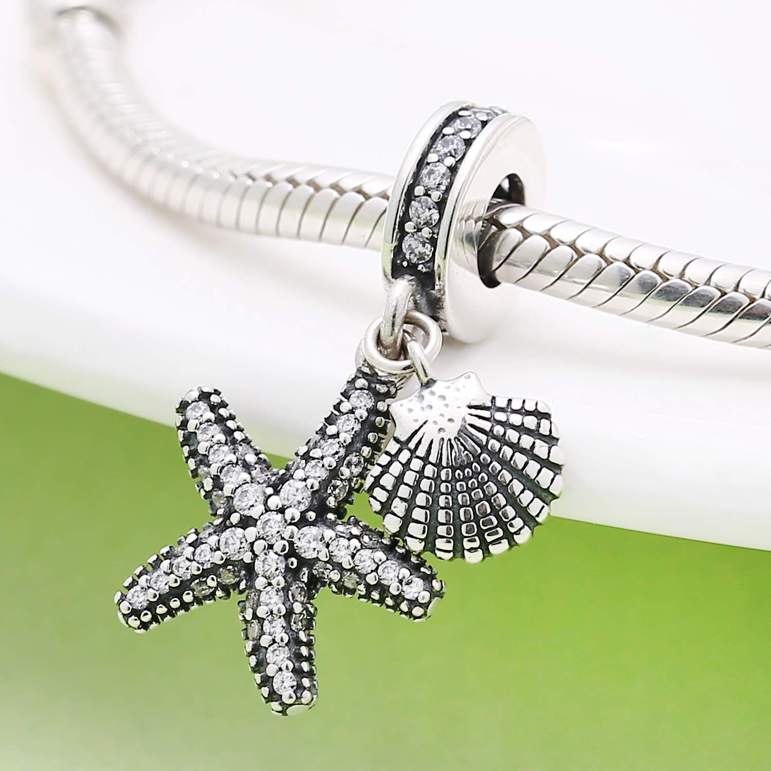 ABUN Sea Starfish Charms 925 Sterling Silver Dangle Spacer Charms with CZ Stone for Bracelets (Rose Gold Clear)