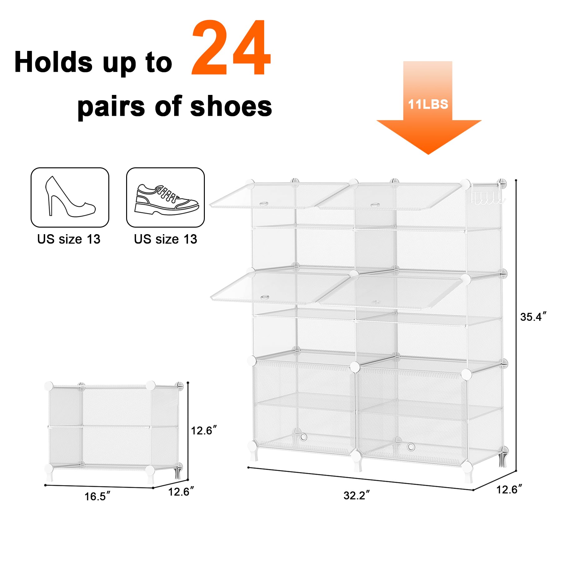 AWTATOS Shoe Rack, 6 Tier Shoe Storage Cabinet with Door, 24 Pair Shoe Organizer Shelves for Closet Hallway Bedroom Entryway, Transparent Twill