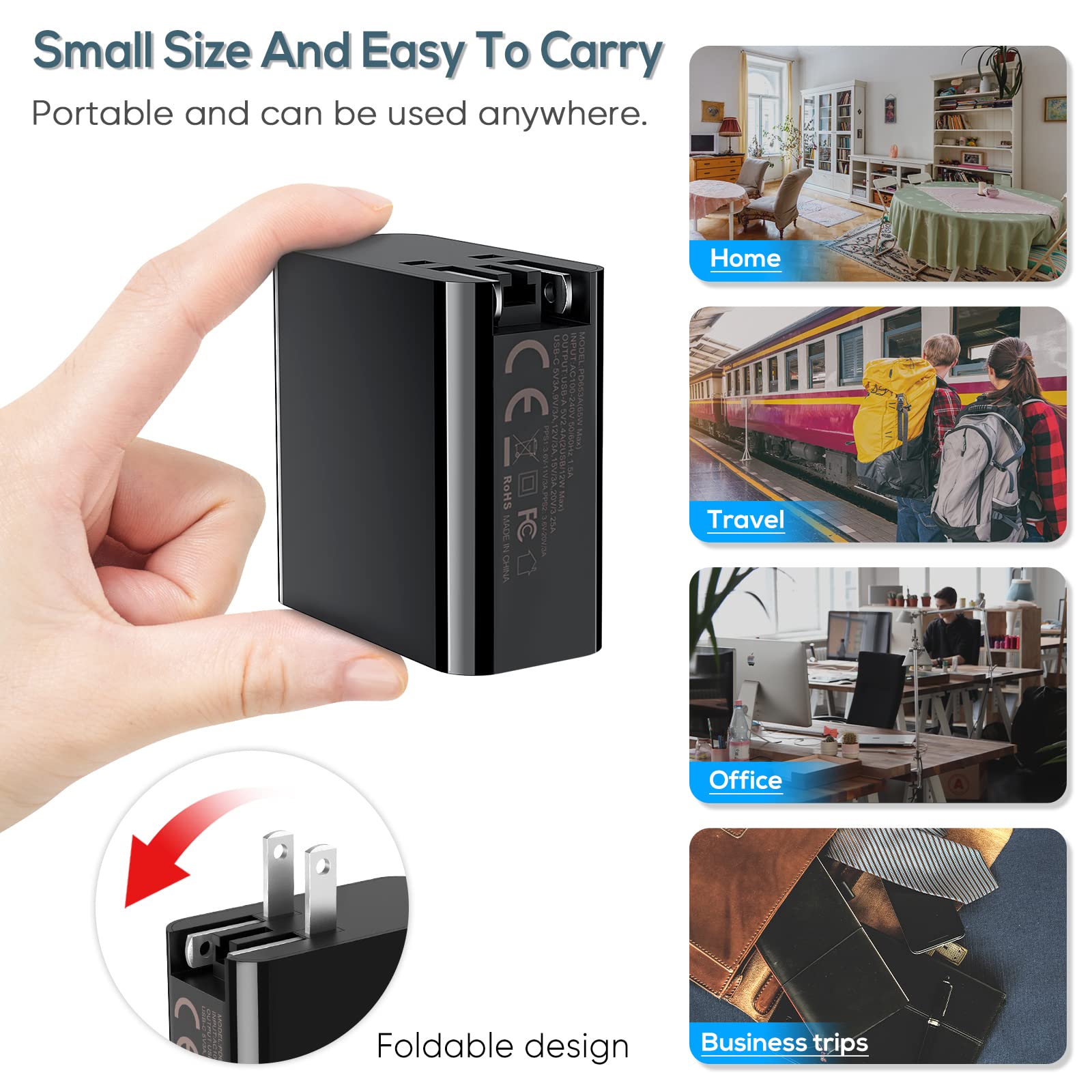 65W USB C Charger for Steam Deck, Fast Compact Foldable Wall Charger Accessories with 3 Ports and 6.6ft USB C Charging Cable for Steam Deck/Tablet/Mobile Phone/Smart Watch/Headphone, etc