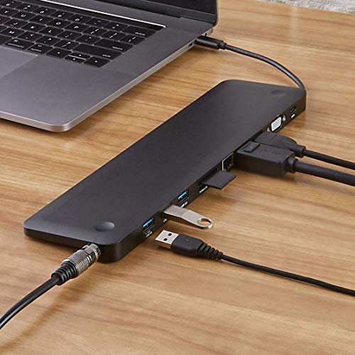 Amazon Basics Aluminum Type-C Docking with DisplayPort, HDMI, VGA, 3 USB-A, Ethernet, SD/TF Card Reader, Audio, and Type-C Charging Port (PD 100W) - Pedestal, Black