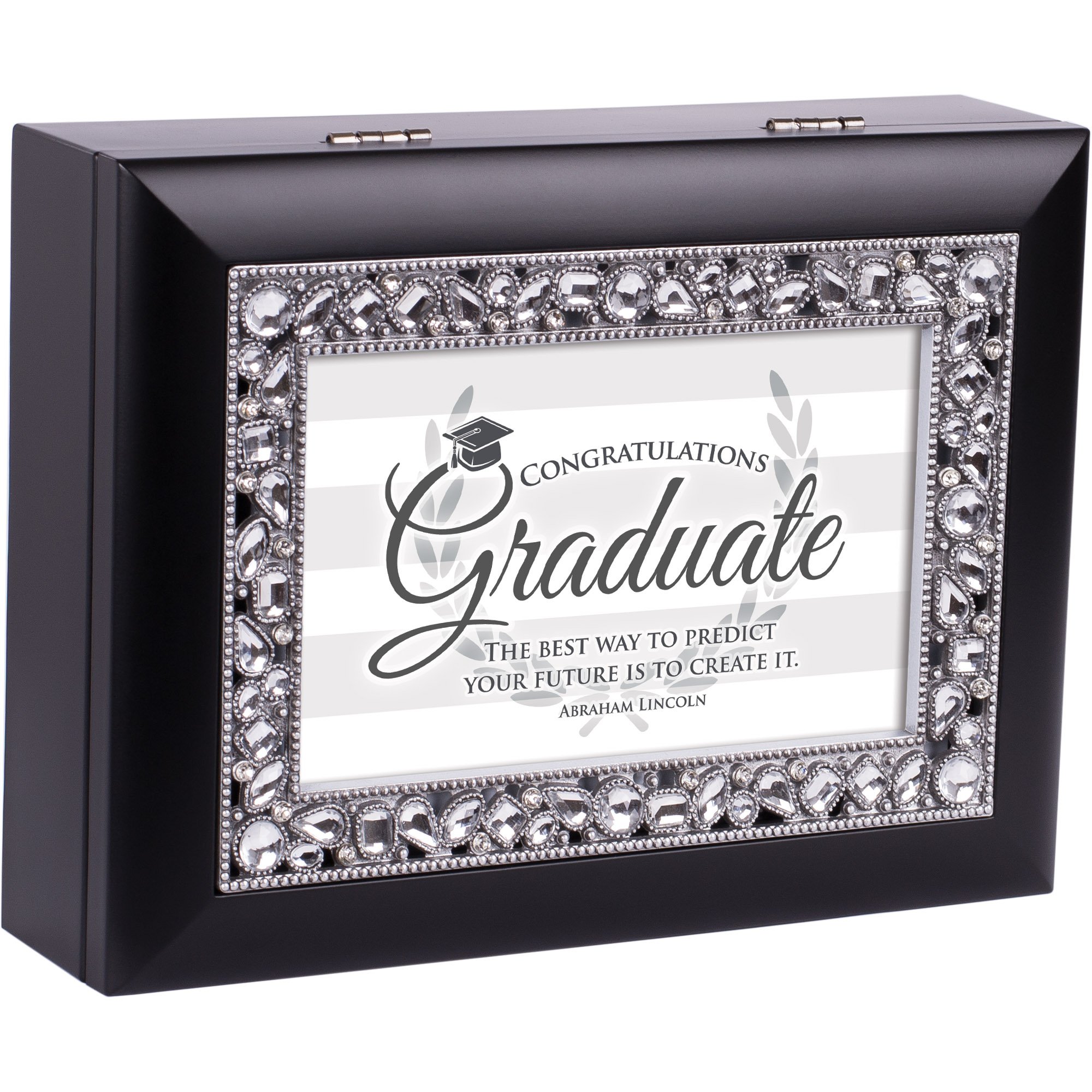 Cottage Garden Congratulations Graduate Matte Black Jewelry Music Box Plays Pomp and Circumstance