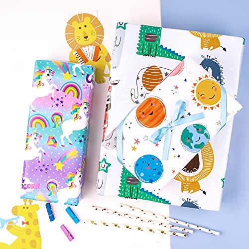 BIOBROWN Blue Wrapping Paper Sheet FoldedĀ Flat 6 Different Adorable Animal Design (45.2 sq ft.TTL) 27.5 inch X 39.4 inch Per Sheet