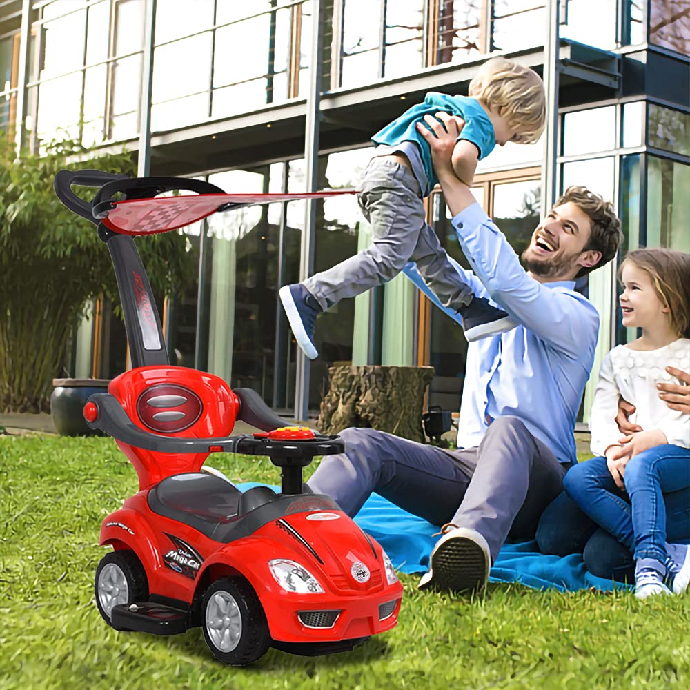 ChromeWheels 3 in 1 Ride on Toys Pushing Car with Removable Sun Visor, Mega Car for Toddlers w/Handle & Horn & Music, Color Red