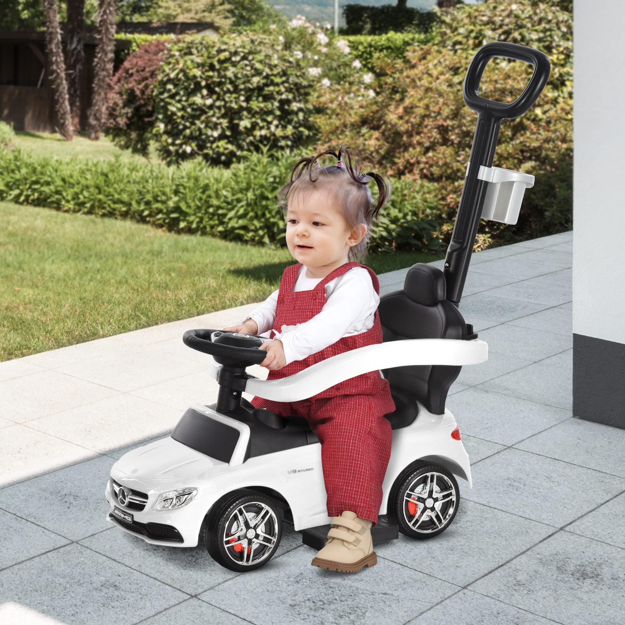 Aosom 3 in 1 Kids Ride on Push Car Stroller Sliding Walking Car for Toddler with Underneath Storage, Horn, Music, Working Steering Wheel, White