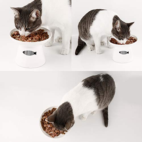 Yangbaga Cat Raised Food/Water Bowl for Elder Big Cats, Non-Skid 4.8x6.4in Premium Ceramic Cat Bowls with Stand, Sturdy and Anti-Fall… (White)