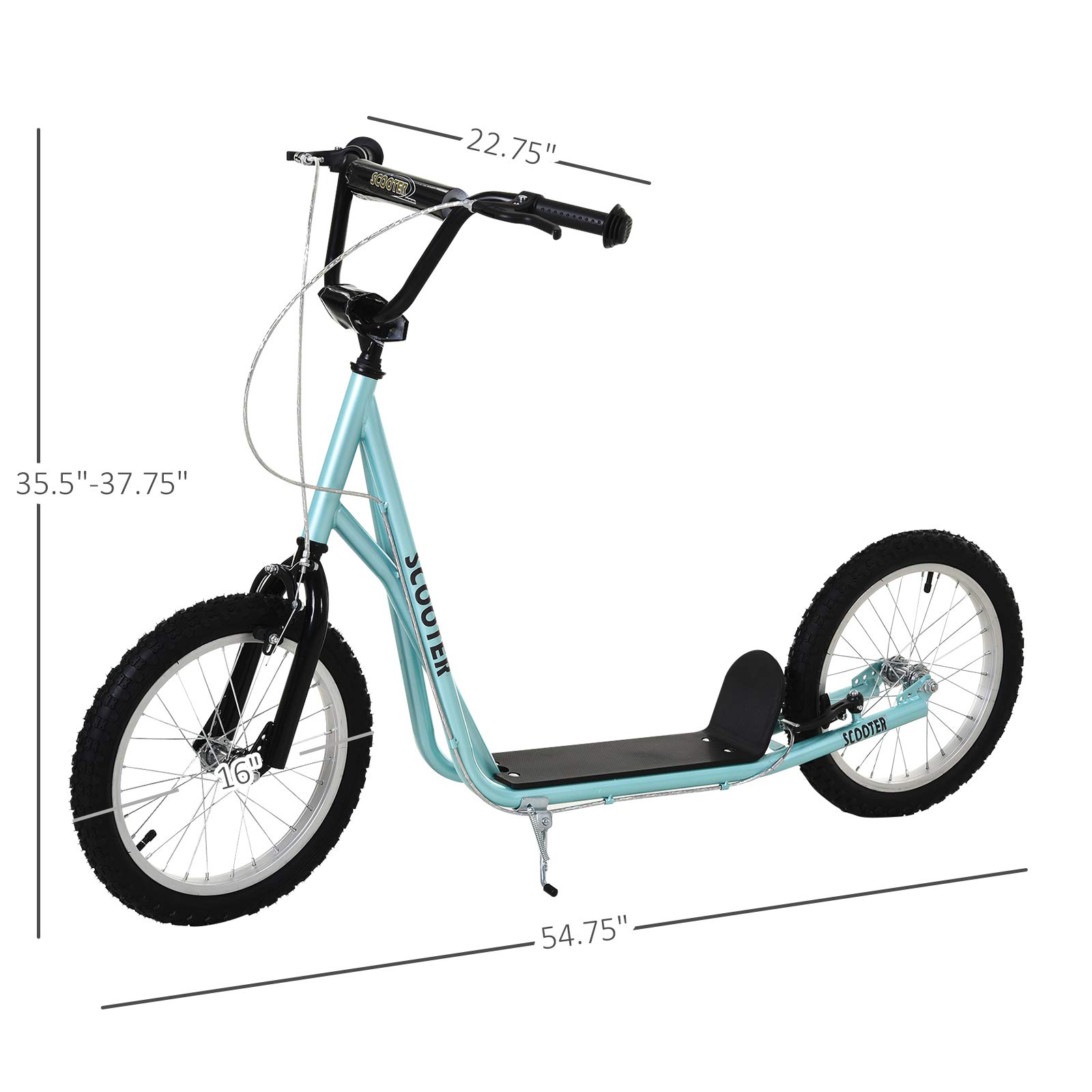 Aosom Youth Scooter Kick Scooter for Kids 5+ with Adjustable Handlebar 16" Front and Rear Dual Brakes Inflatable Wheels, Blue