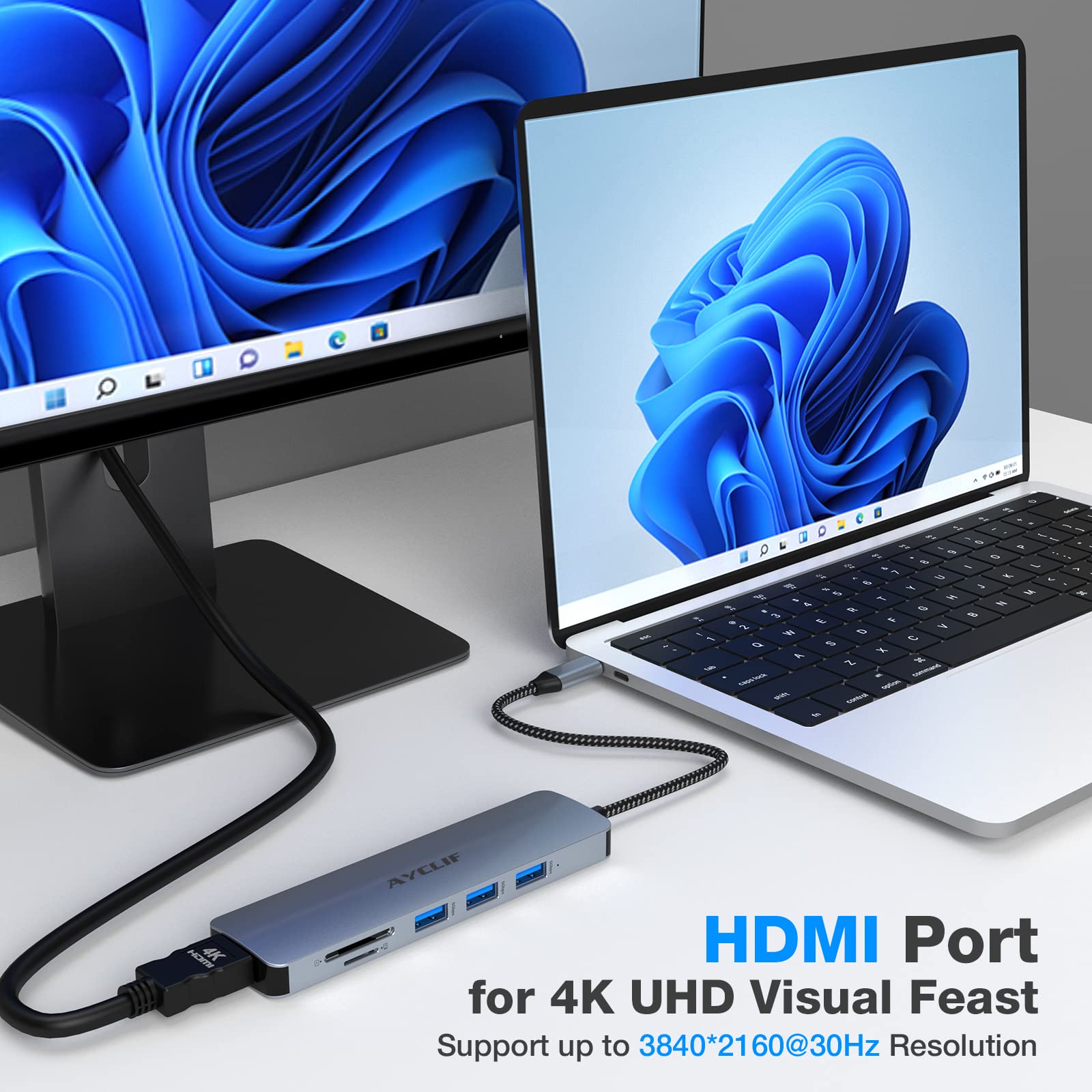 AYCLIF 6 in 1 USB C Hub, Dual Display USB C Adapter for MacBook Pro/Air, USB 3.0 5Gbps Fast Docking Station (4K HDMI,SD/TF,USB A 3.0) for Dell,Surface,HP,Lenovo and Type C Devices