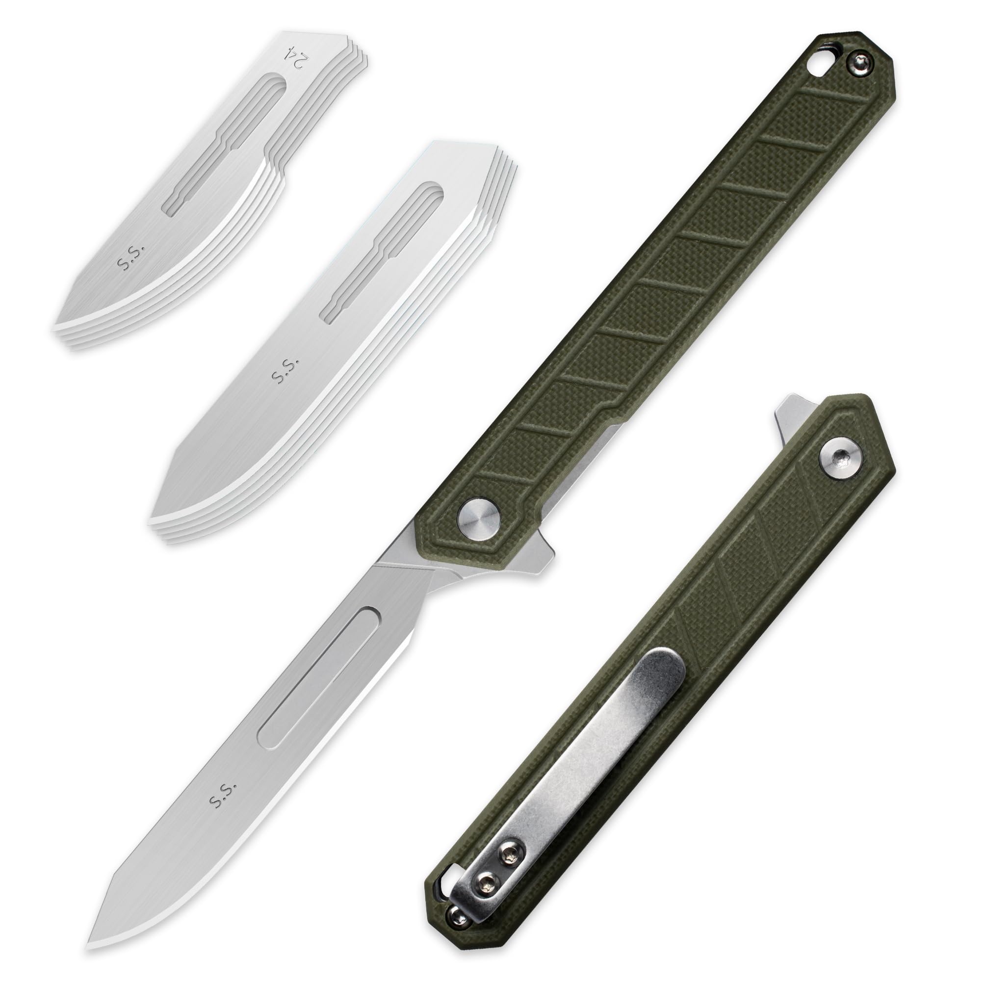 OLITANS G046 Mecha Mini Slim Folding Scalpel with 5pcs #24 and 5pcs #60 G14 Handle with Liner Lock, Utility EDC Pocket Knife with Back Clip(Green)