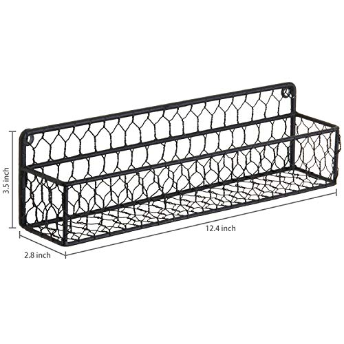 MyGift Wall Spice Racks, 12-Inch Black Chicken Wire Hanging Kitchen Seasoning Condiment Organizer Shelf, Set of 2