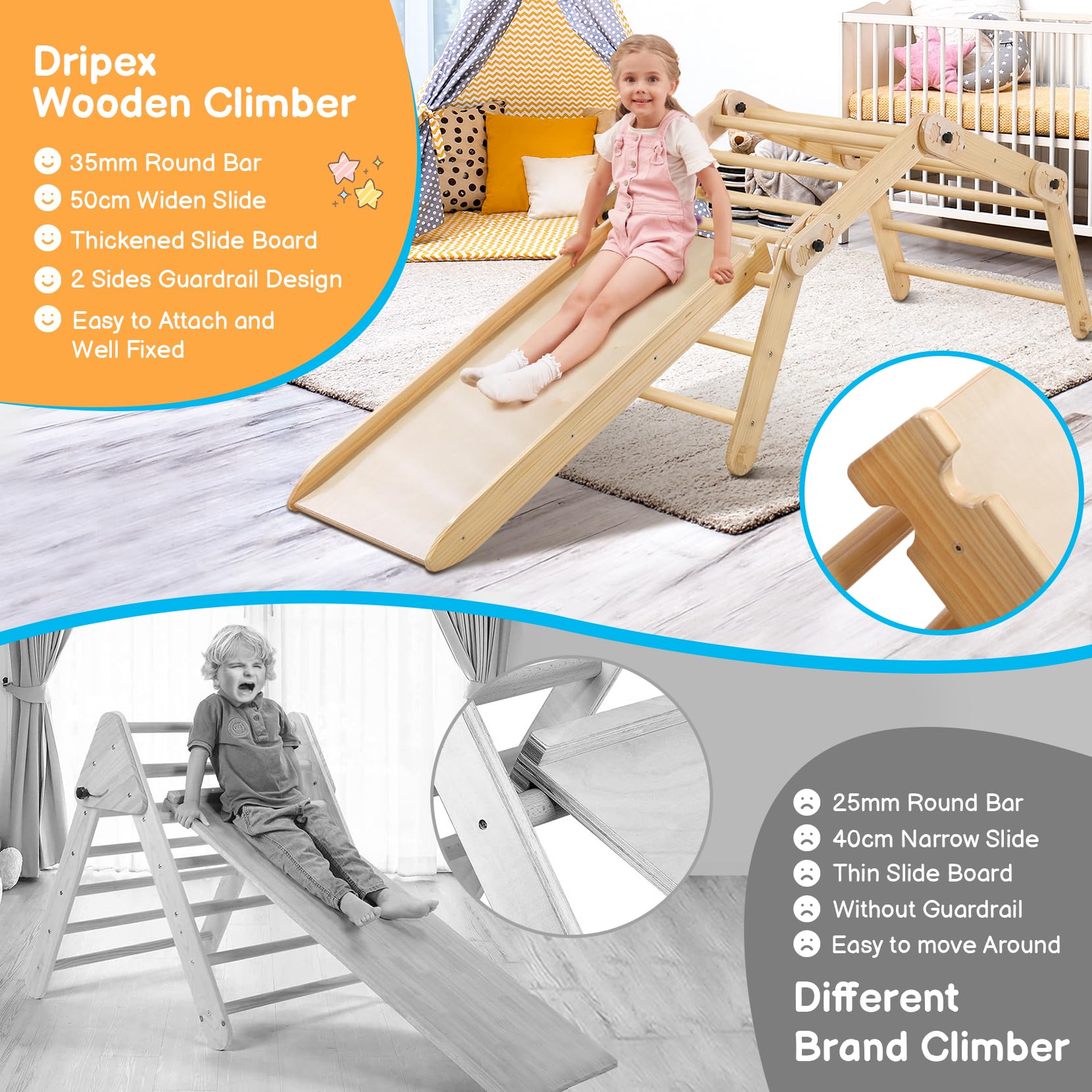 Dripex Pikler Triangle Set, X-Large Climbing Triangle with Reversible Ramp and More Than 20 Playing Modes, Premium Early Learning Montessori Climbing Toys for Toddler Kids