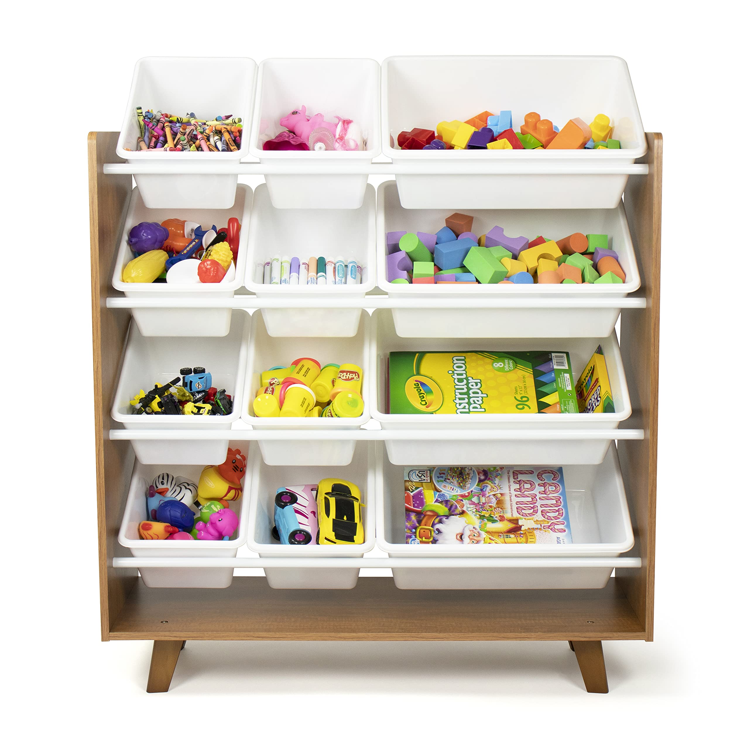 Humble Crew 12-Bin Toy Storage Mid-Century Organizer, Wood/White