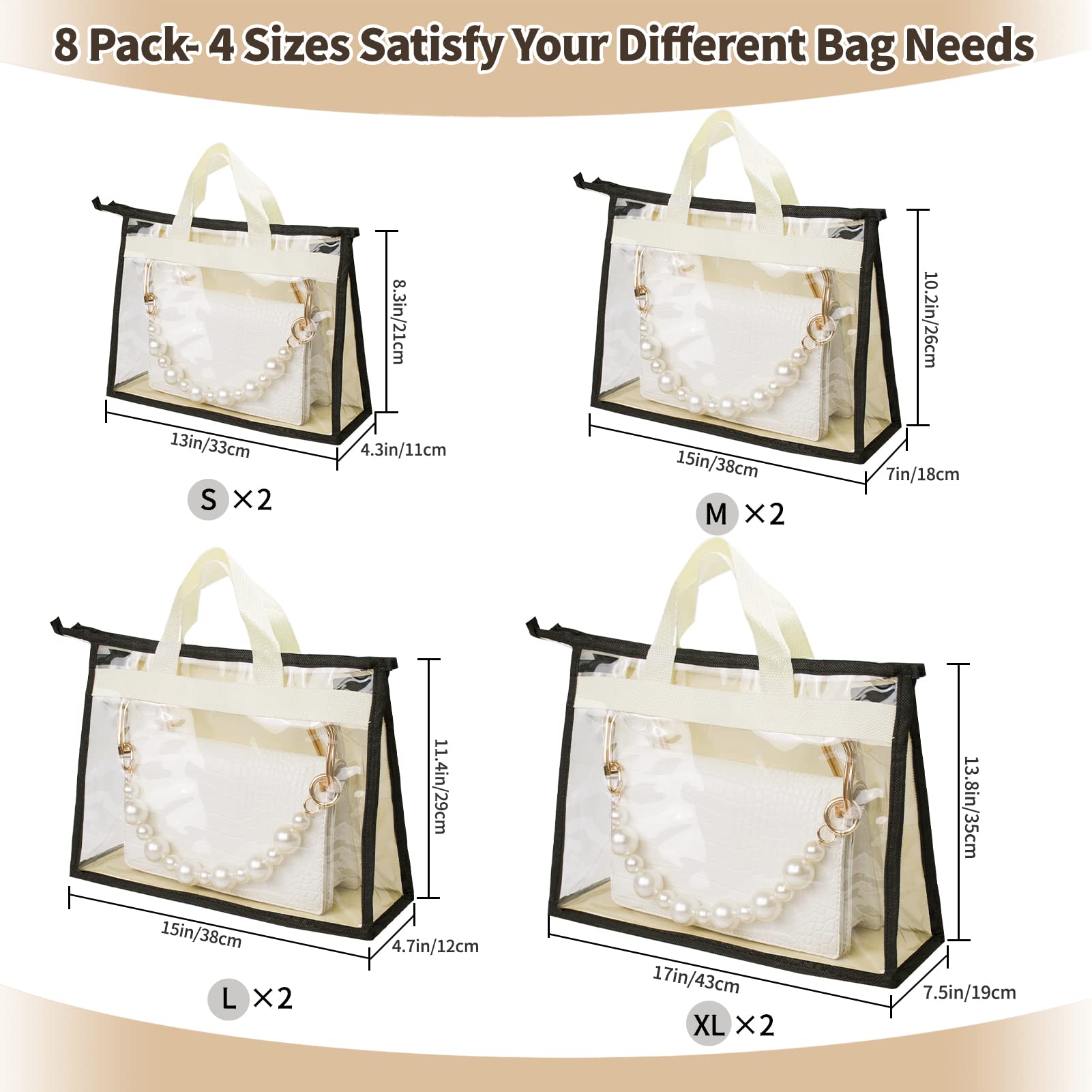 8 Pack Dust Bags for Purses and Handbags, DSVENROLY Clear Handbag Storage, Purse Organizer Insert for Handbag with Zipper and Handle (Beige, 4 Sizes)