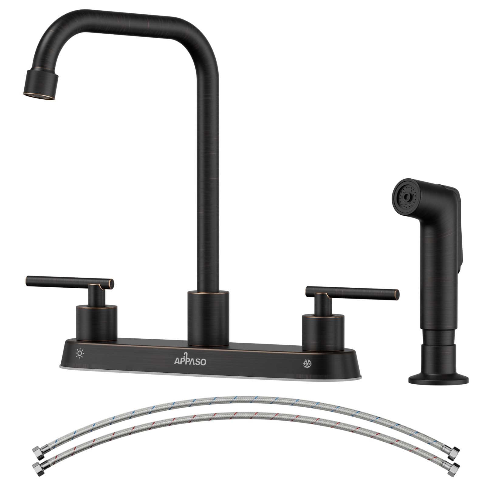 APPASO Kitchen Faucet with Side Sprayer, Brushed Nickel Kitchen Sink Faucet, 4 Hole Kitchen Faucet, Stainless Steel Faucet for Kitchen Sink, 2 Handle Kitchen Faucet with High Right Angle Spout