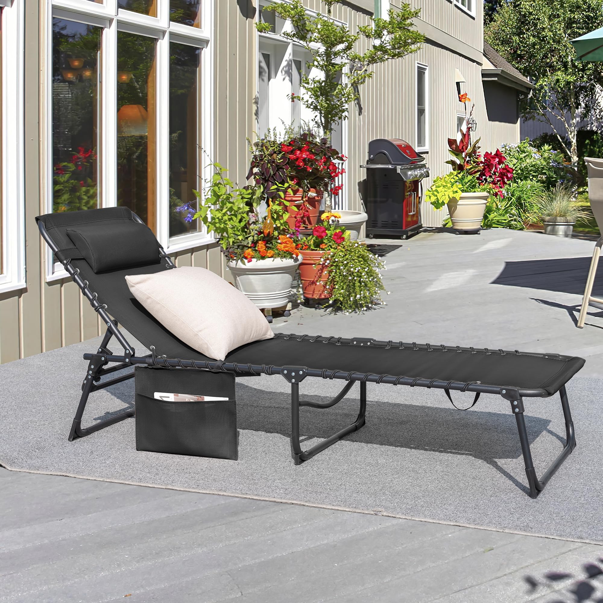 Greesum Chaise Lounge Folding Tanning Chair with 5 Position Adjustable Back, Detachable Pillow & Pocket for Outside Pool, Beach, Sunbathing, Beige w/Face Hole