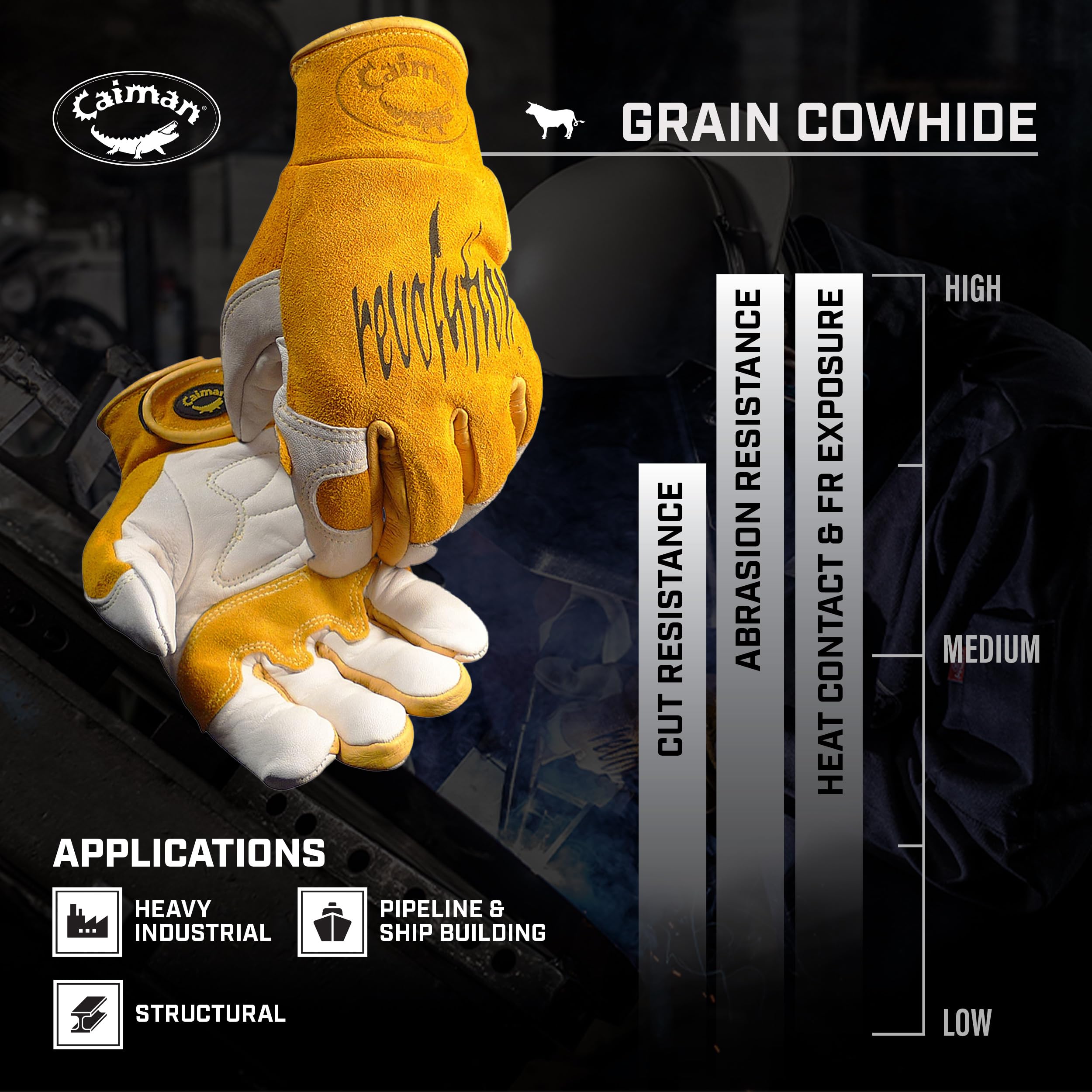 Caiman Genuine Top Cow Grain Leather Velcro� RevolutionTM Gloves (Large/Yellow)
