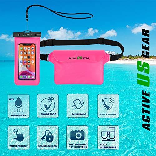 Active US Gear - Waterproof Floating Phone case with Waterproof Pouch -Waist Strap, Screen Touchable Dry Bag with Adjustable Belt for Swimming Rafting Snorkeling Boating Fishing Kayaking-Rose Pink…