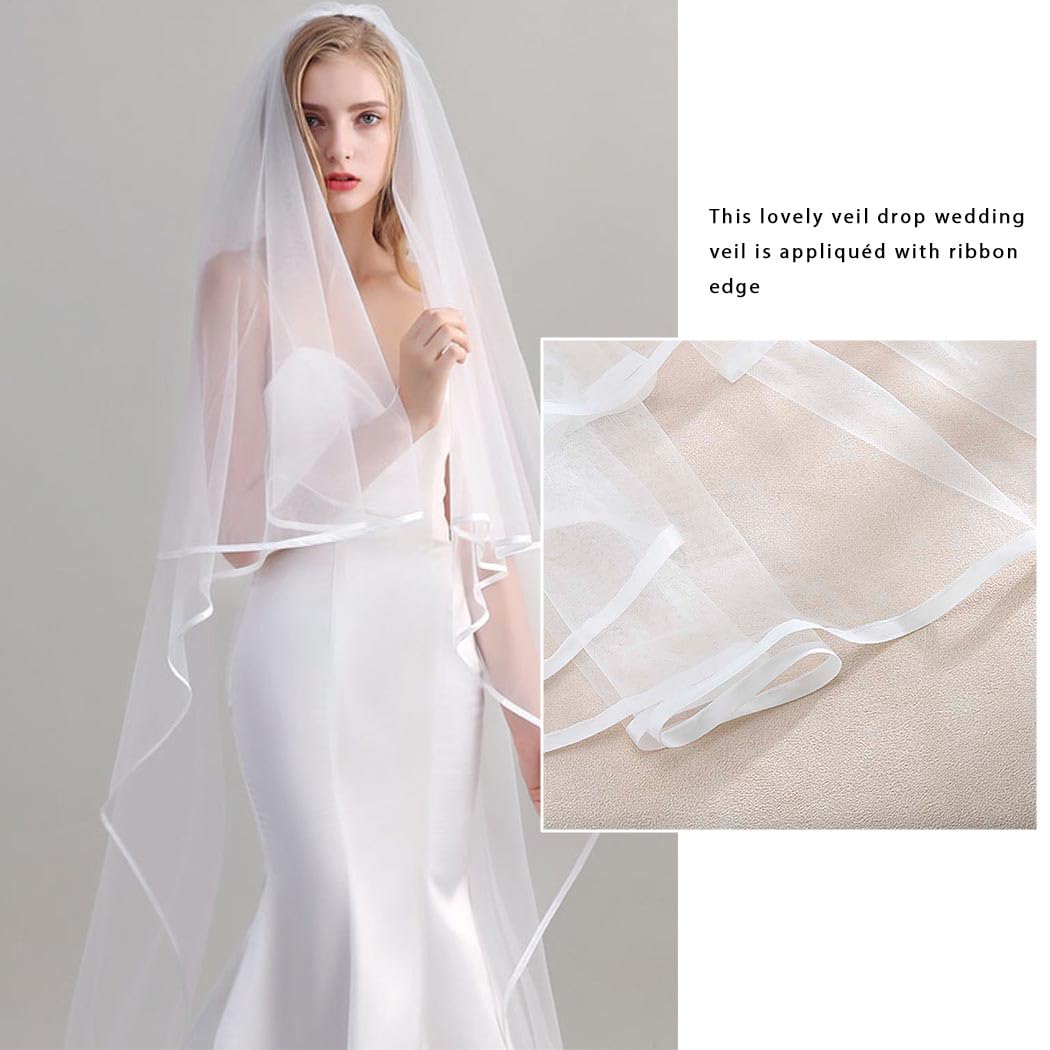Unsutuo 2 Tiers Bride Wedding Veil Ivory Ribbon Cathedral Veil Bridal Veil for Women