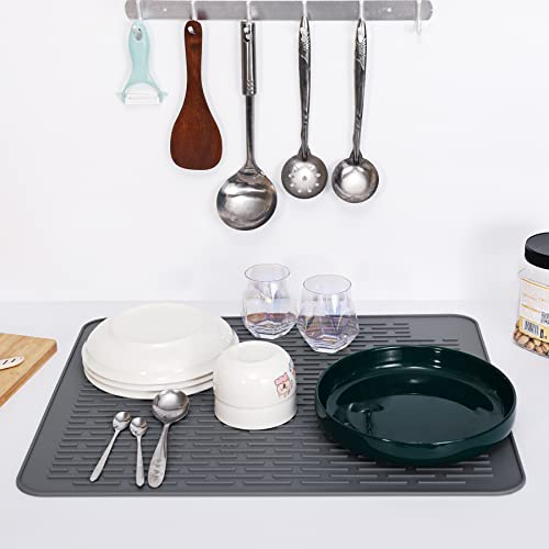 Extra Large Silicone Dish Drying Mat - XL Size 23β x 18β Dish Rack Mat for Kitchen Counter, Heat-resistant Rubber Dish Mat, Non-Slip Silicone Sink Mat, Eco-friendly Counter Top Mat, BPA Free, Grey