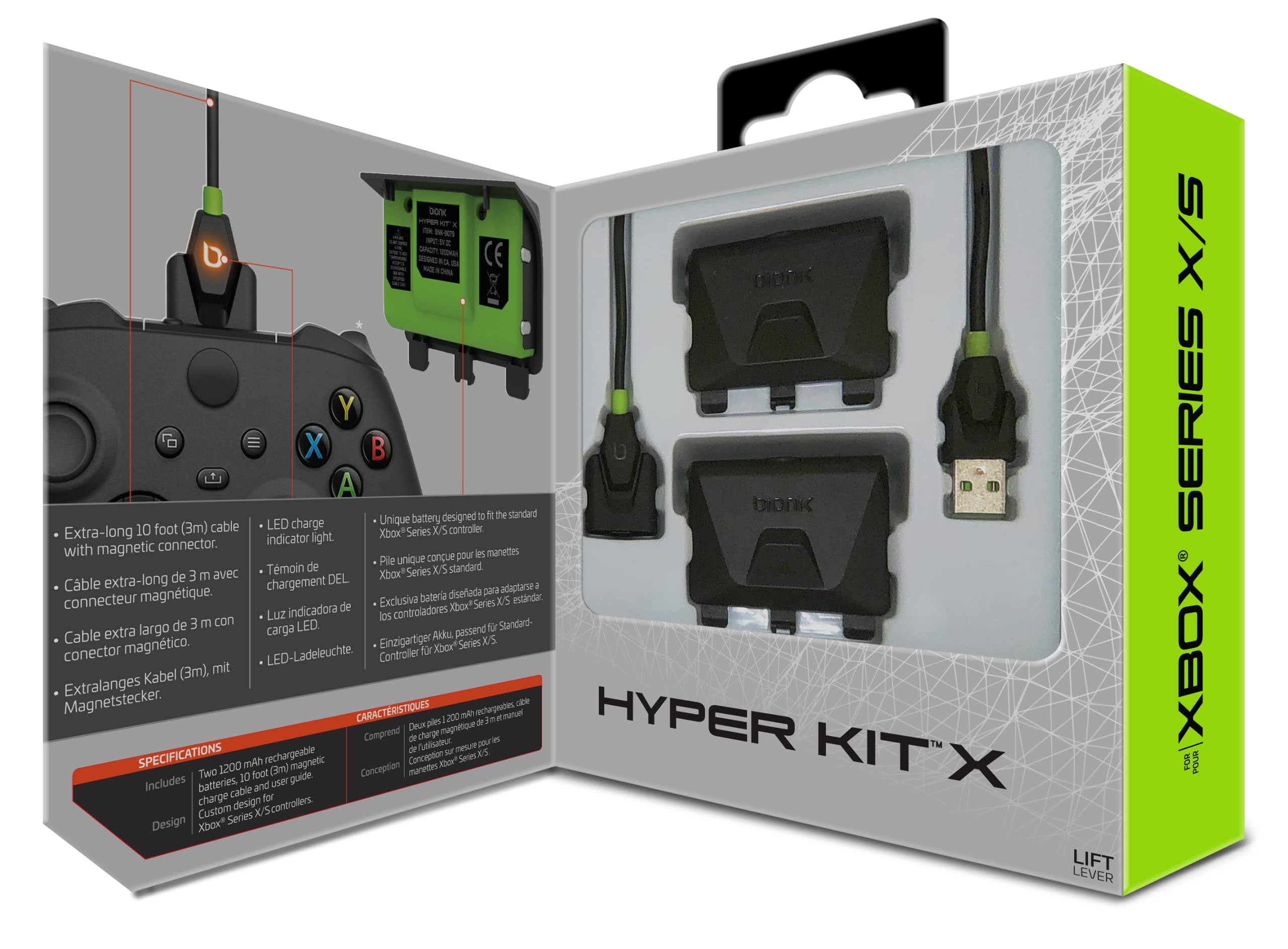 Bionik Hyper Kit For Xbox Series X/S: 2 High Capacity 1200 mAh Rechargeable Battery Packs with 10-Foot Magnetic Charge Cable