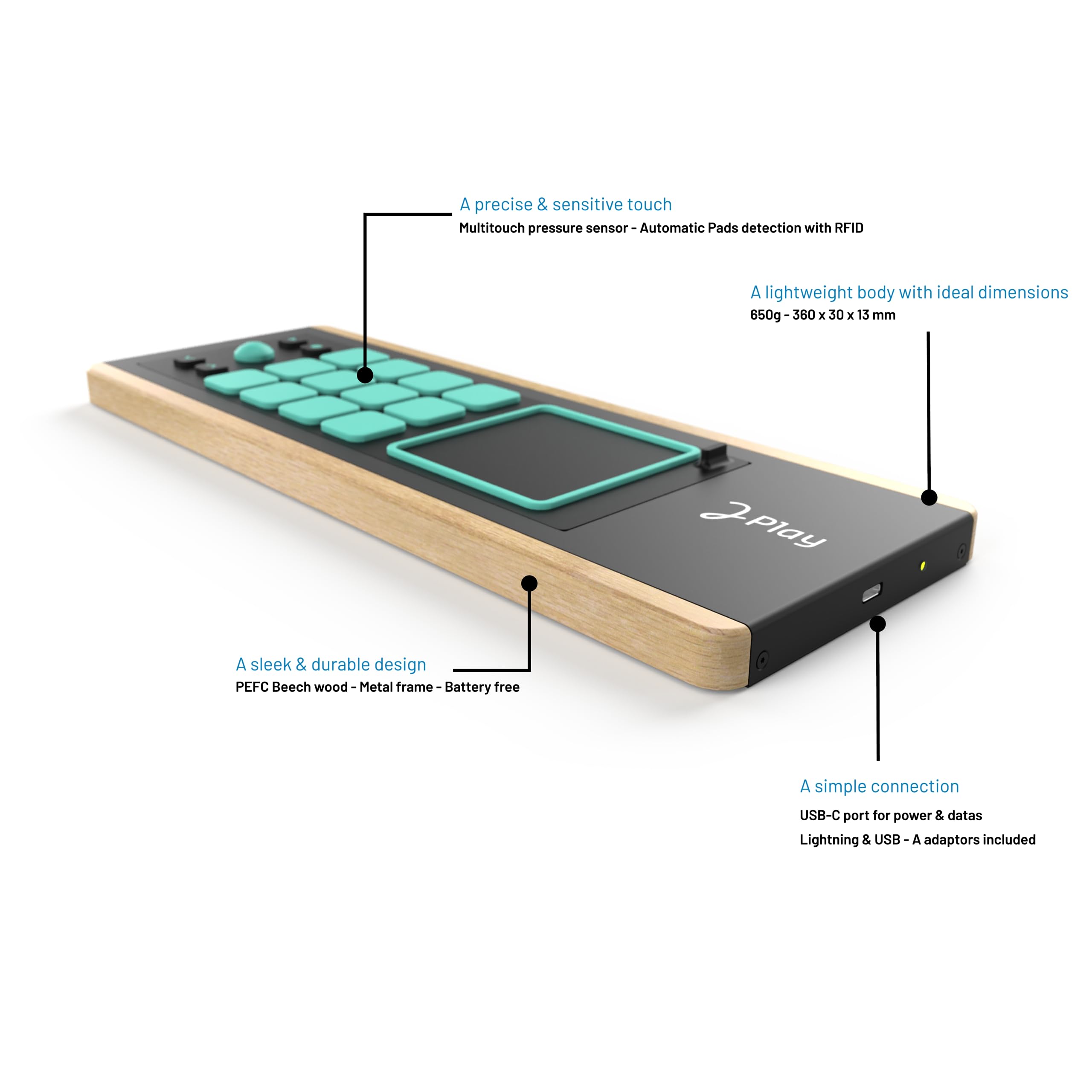 Drum Pad Accessory for J-Play MIDI controller - 12 Drum Pads and Effect Zone, Dedicated Musical App Included, Plug & Play Music instrument Water Edition
