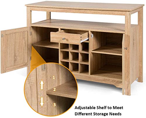 ReunionG Buffet Sideboard, Wine Console Table, Wooden Kitchen Organizer w/2 Cabinets, 1 Drawer and 9 Wine Cabinets, Farmhouse Storage Cupboard, Wine Rack, Server Table, Dining Room Furniture (Natural)