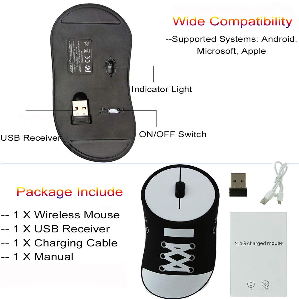 CHUYI Cool Canvas Shoes Shape Ergonomic Design Rechargeable Wireless Mouse Slim Optical Mice with USB Receiver (Stored at Bottom of The Mouse) for PC, Laptop, Computer (Black)