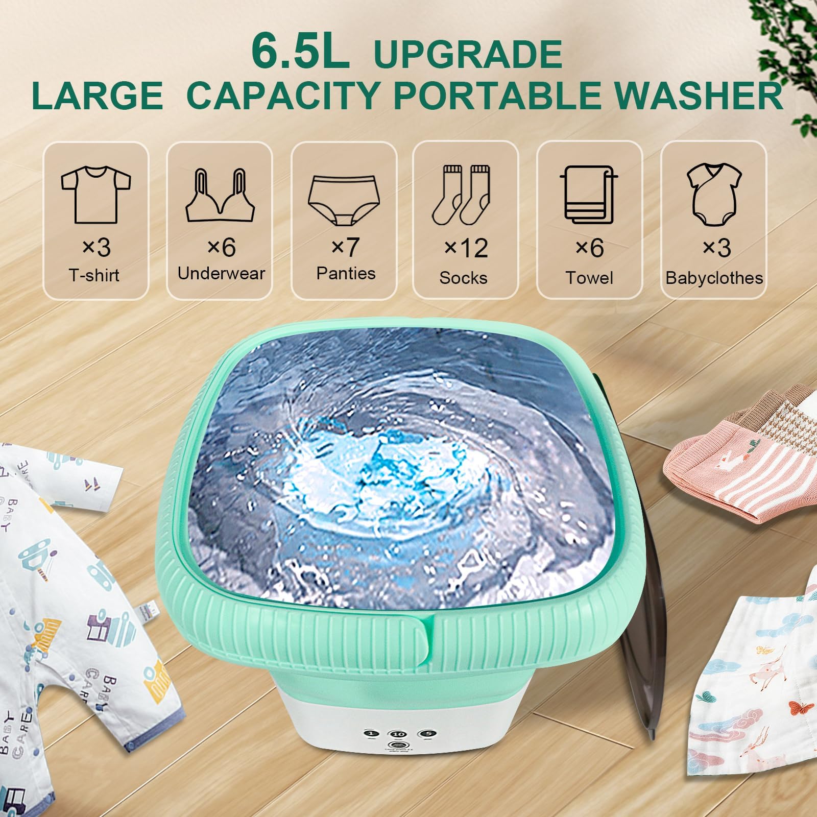 HULKNPEE Portable Washing Machine, 6.5L Mini Washer with 3 Modes Timing Cleaning, Portable Washer with Soft Spin and Draining for Socks, Baby Clothes, Towels and Small Items (Green)