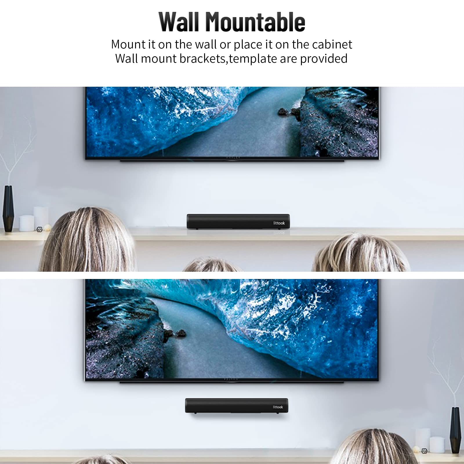 littoak Small Sound Bar for TV, Soundbar with Bluetooth 5.0/HDMI/Optical/USB/AUX/Coax Connection, 50 Watt 16 Inch Soundbars for Home Theater, Wall Mountable (SE04)