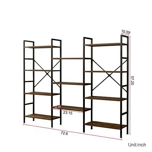 Boloni Triple Bookshelf, Bookcase with 11 Open Platforms, Large Etagere Wood Bookcase with Metal Frame for Living Room, Bedroom, Brown