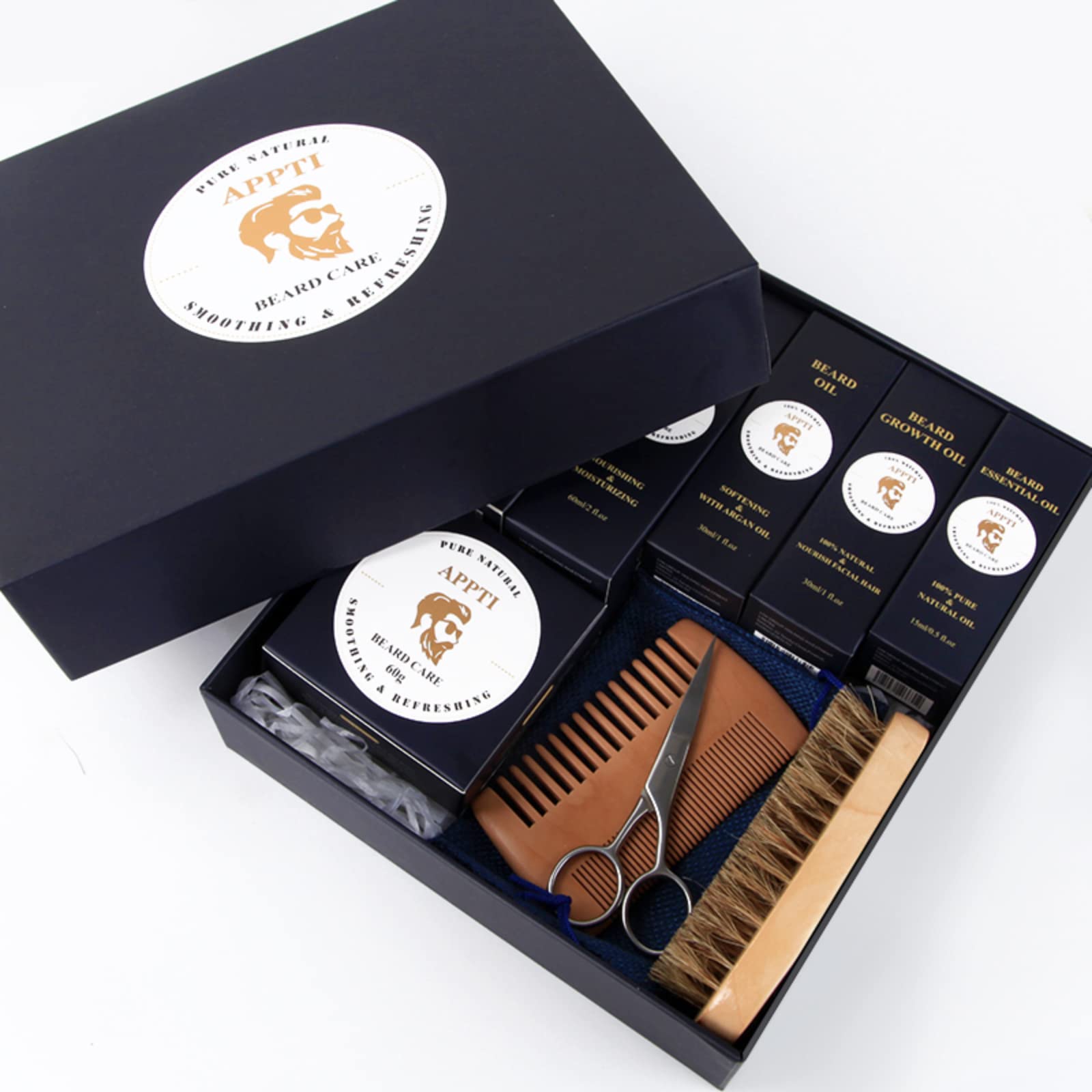 APPTI Beard Kit for Men,10Pcs Beard Care Set, Grooming & Trimming Tool Complete Set with Shampoo Wash, Beard Growth Oil, Balm, Brush, Comb, Scissors & Storage Bag, Gifts for Father Husband Boyfriend
