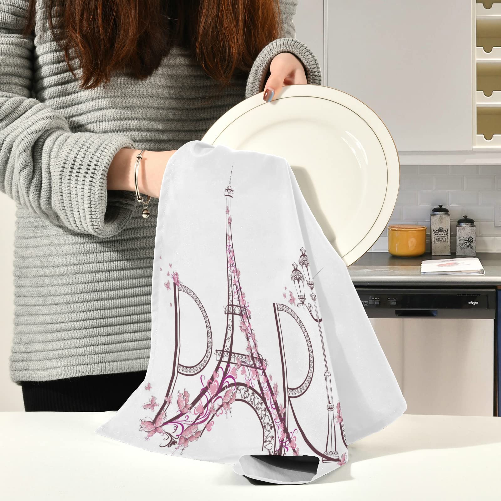 ALAZA Tower Eiffel Paris France Valentine's Day Kitchen Towels Dish Bar Tea Towel Dishcloths 1 Pack Super Absorbent Soft 18 x 28 inches
