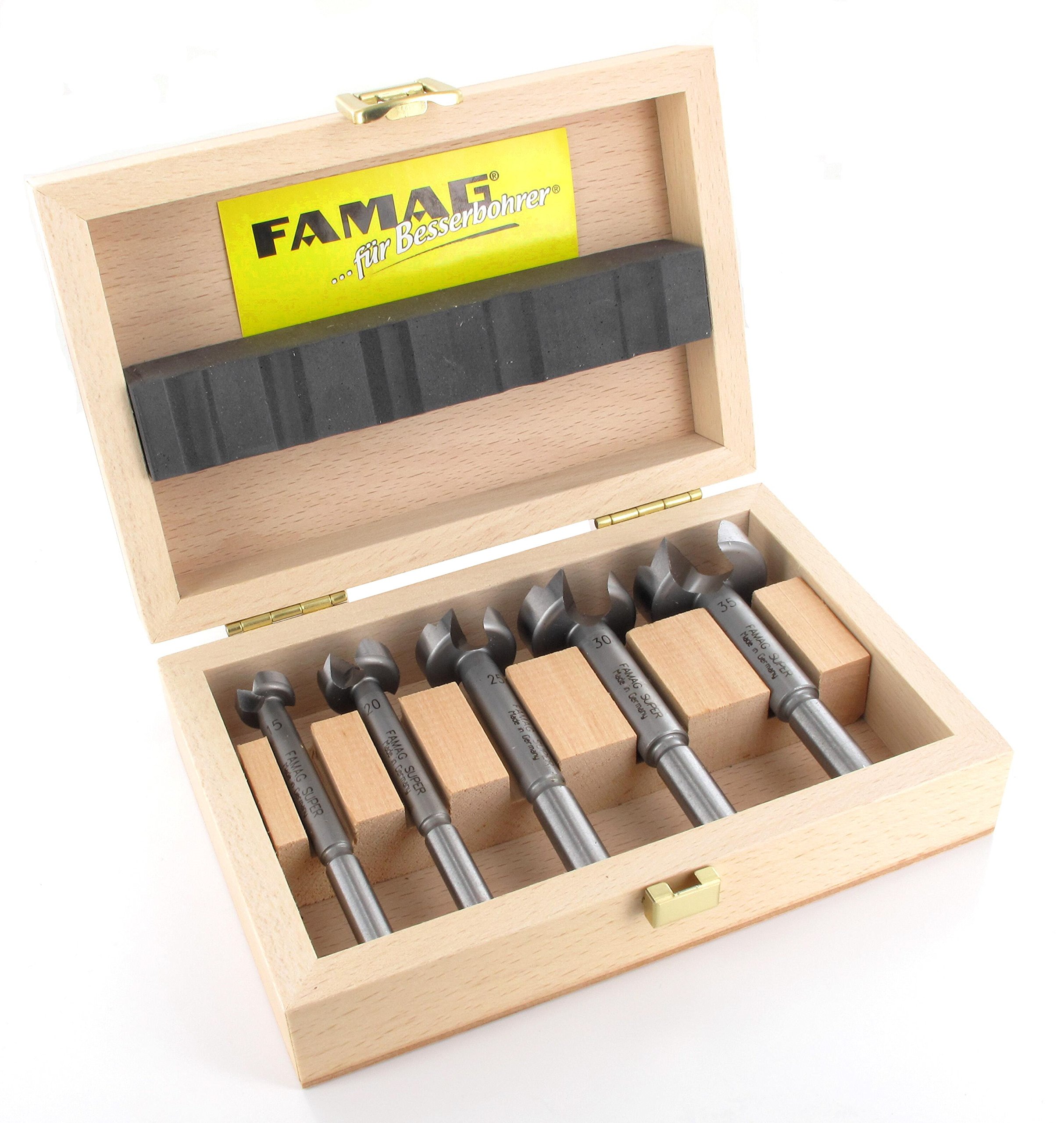 Famag Super Forstner Drill Bit Set Classic WS with Diameter 15, 20, 25, 30, 35 mm in Wooden Box
