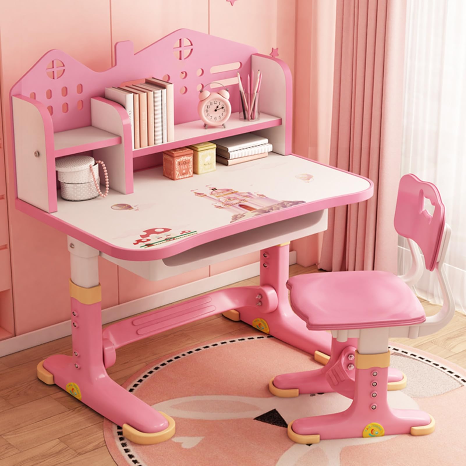 NEREIDS NET Kids Desk Chair Set,Small Desk,Standing Desk, Desk Chair Set Widened Children Desktop Height Adjustable School Study Desk with Castle Backboard,Bookstand and Storage Drawer Pink