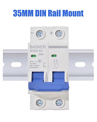 BASKER DC Circuit Breaker, 20Amp 2 Poles 500V Solar Disconnect Switch for Solar PV System Solar Panels Grid System, DIN Rail Mount, DC Breaker MCB (20A)