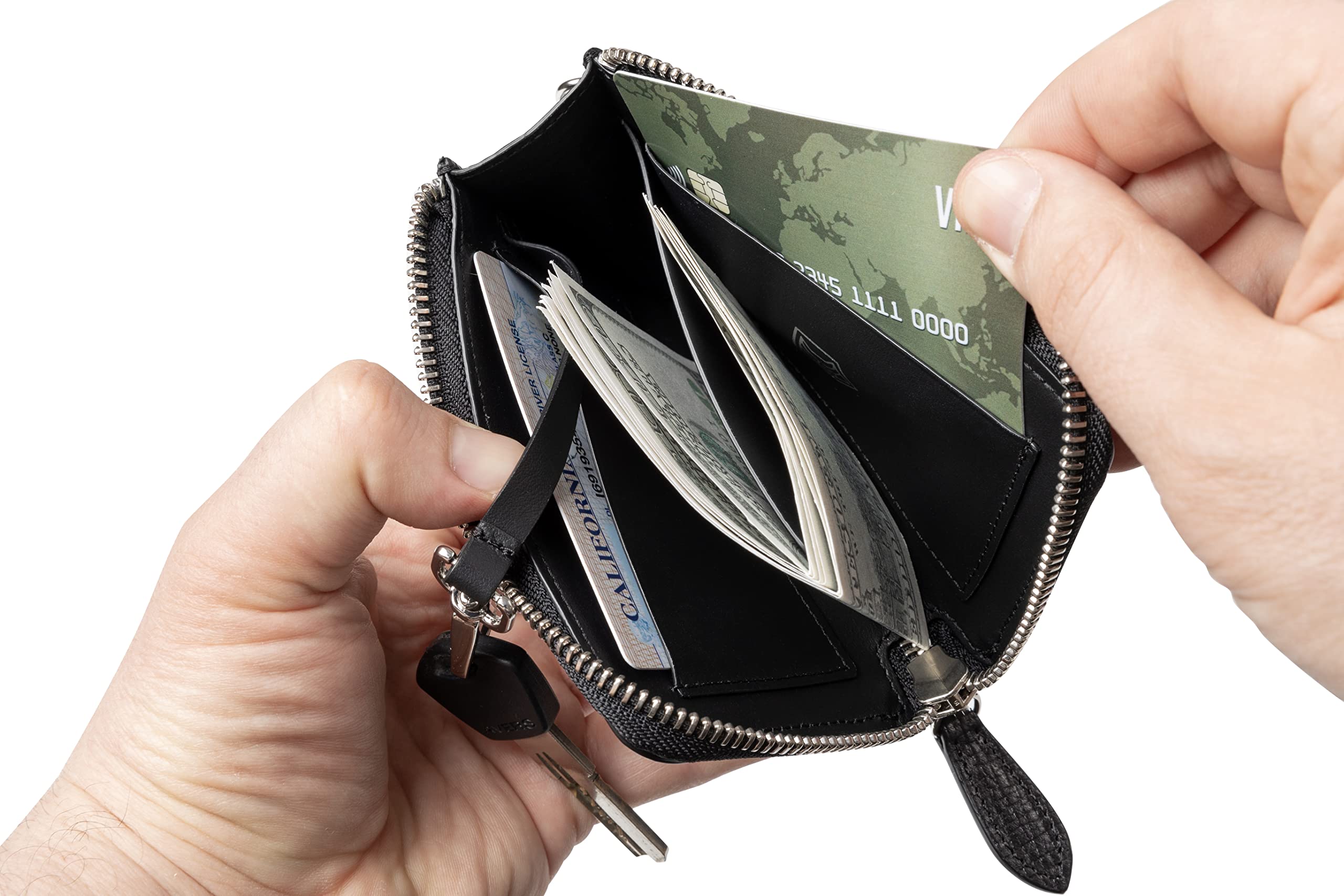 WOLFselection Genuine Leather Wallet with Wrist Lanyard for Men Women - Key and Credit Card Holder Wallets - Zip Wallet for Cash Notes ID Driver's License