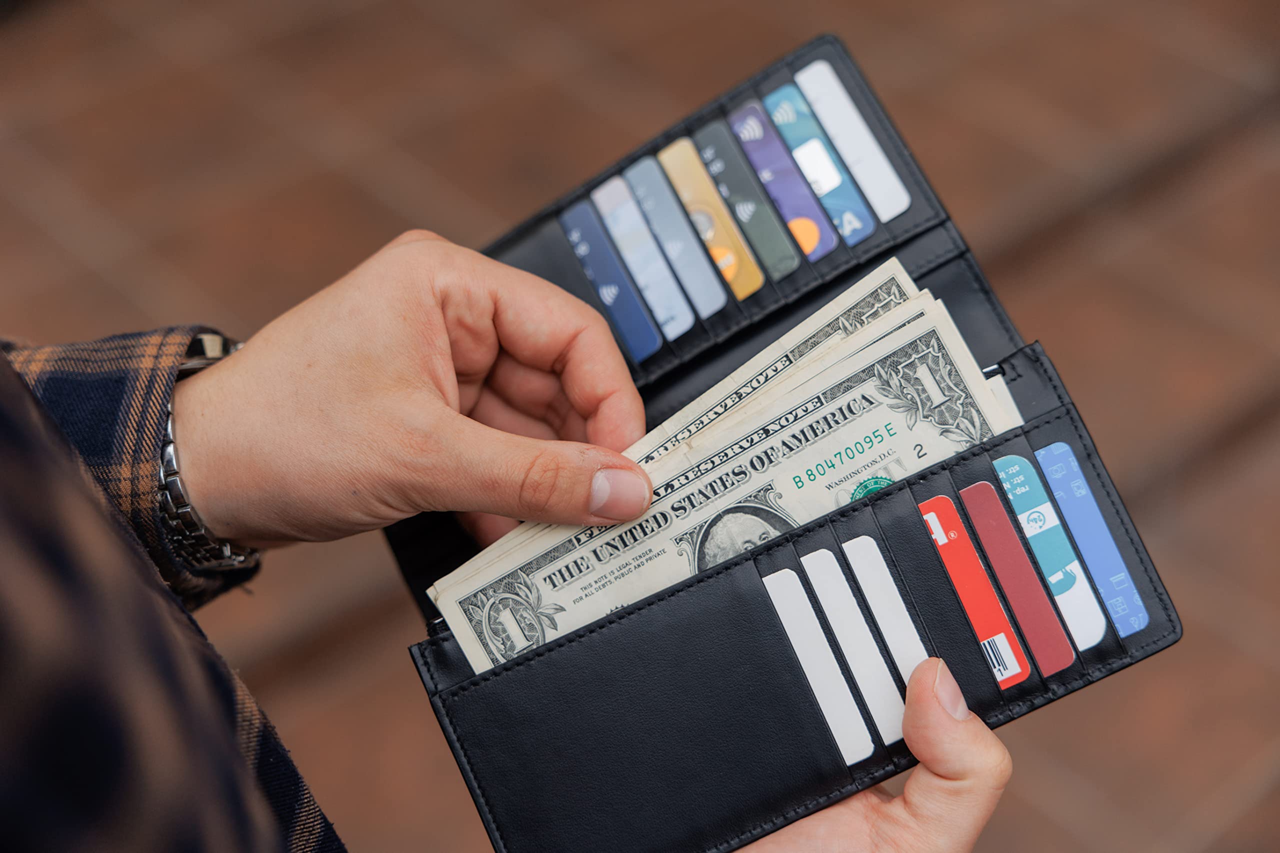 WOLFselection Genuine Leather Long Wallet - Rugged Bifold Mens Wallets with Inner Zip Slot for Key and Coins - Big Capacity for Credit Cards ID Driver's License and Notes