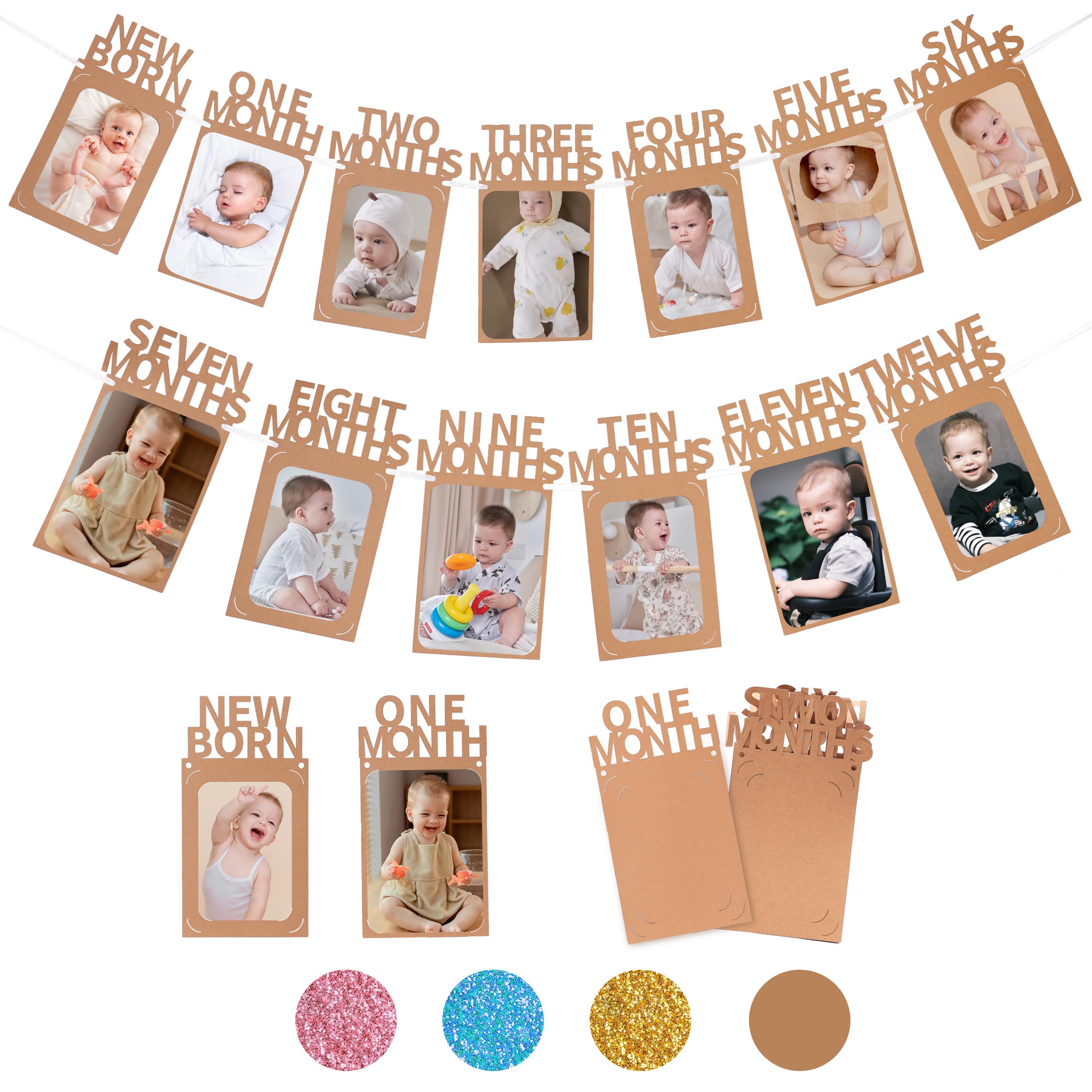 Crosize 1st Birthday Photo Banner Decorations for Baby from Newborn to 12 Months, Boy or Girl Monthly Milestones Garland, One Year Old First Birthday Photo Banner Decorations with Frame (Kraft)